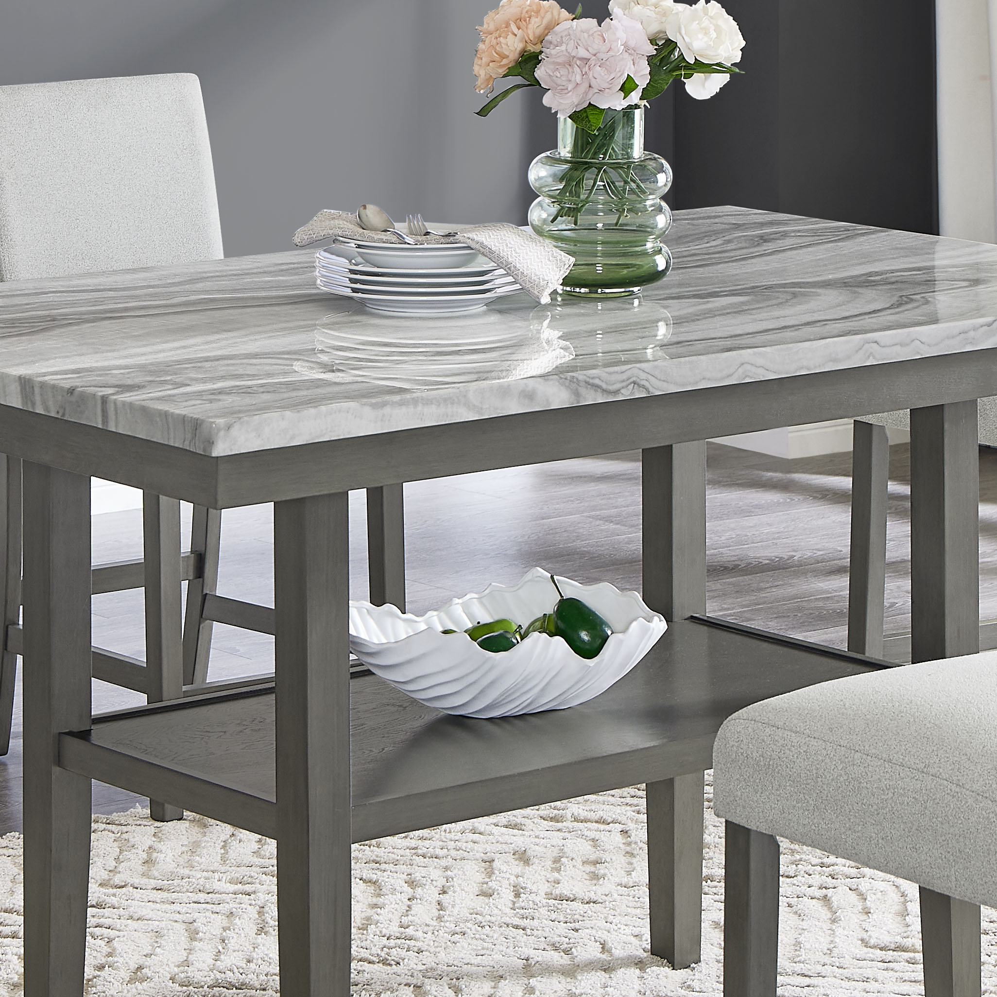 Selena 7Pc 60" Gray Faux Marble Wood Ctr Ht Set w/Strg Shelf & Lt Gray ...