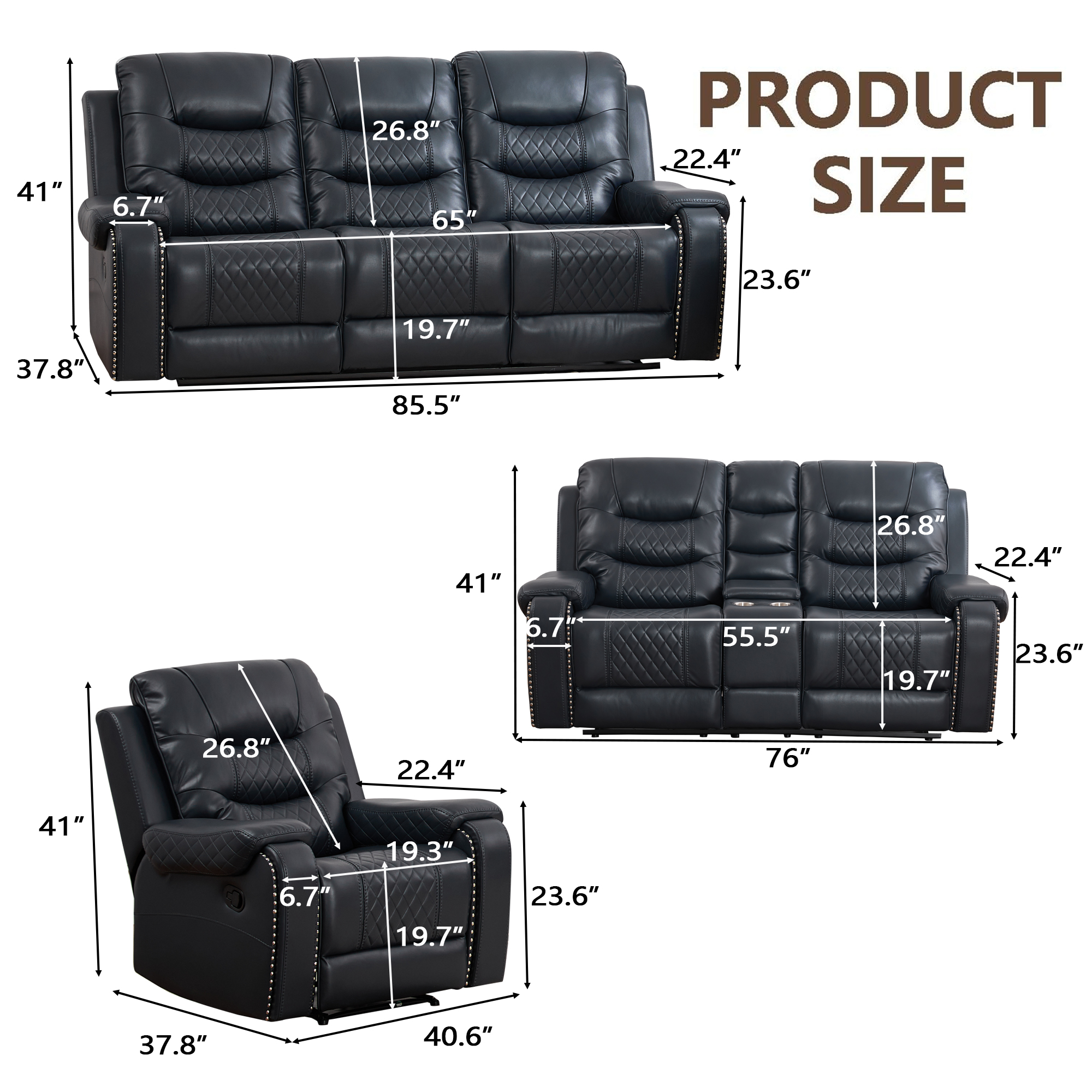 3-Piece Faux Leather Reclining Sofa Set with Drop Down Table USB ...