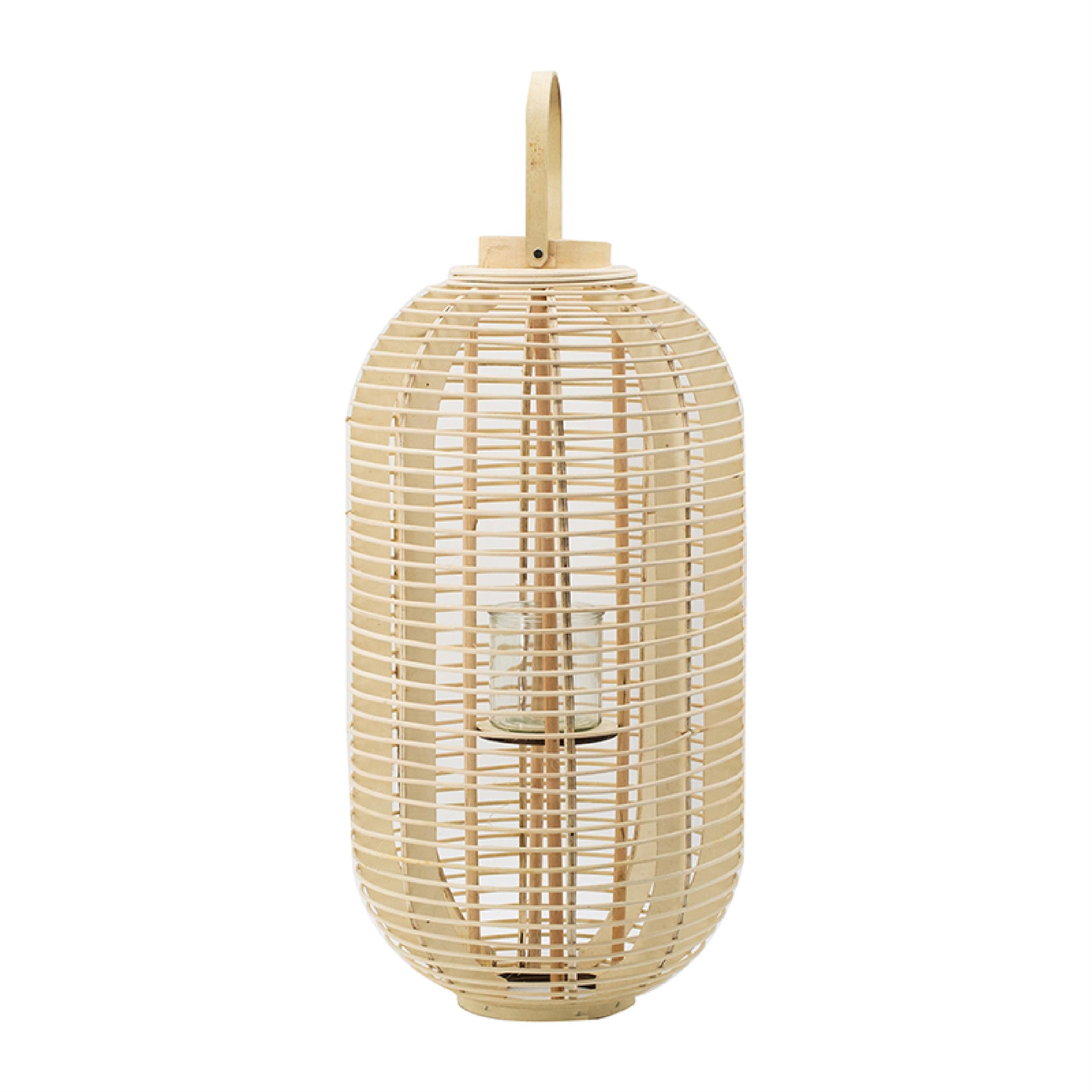 Rattan Bamboo Lantern with Glass Insert- Natural Beige Open Weave Frame ...