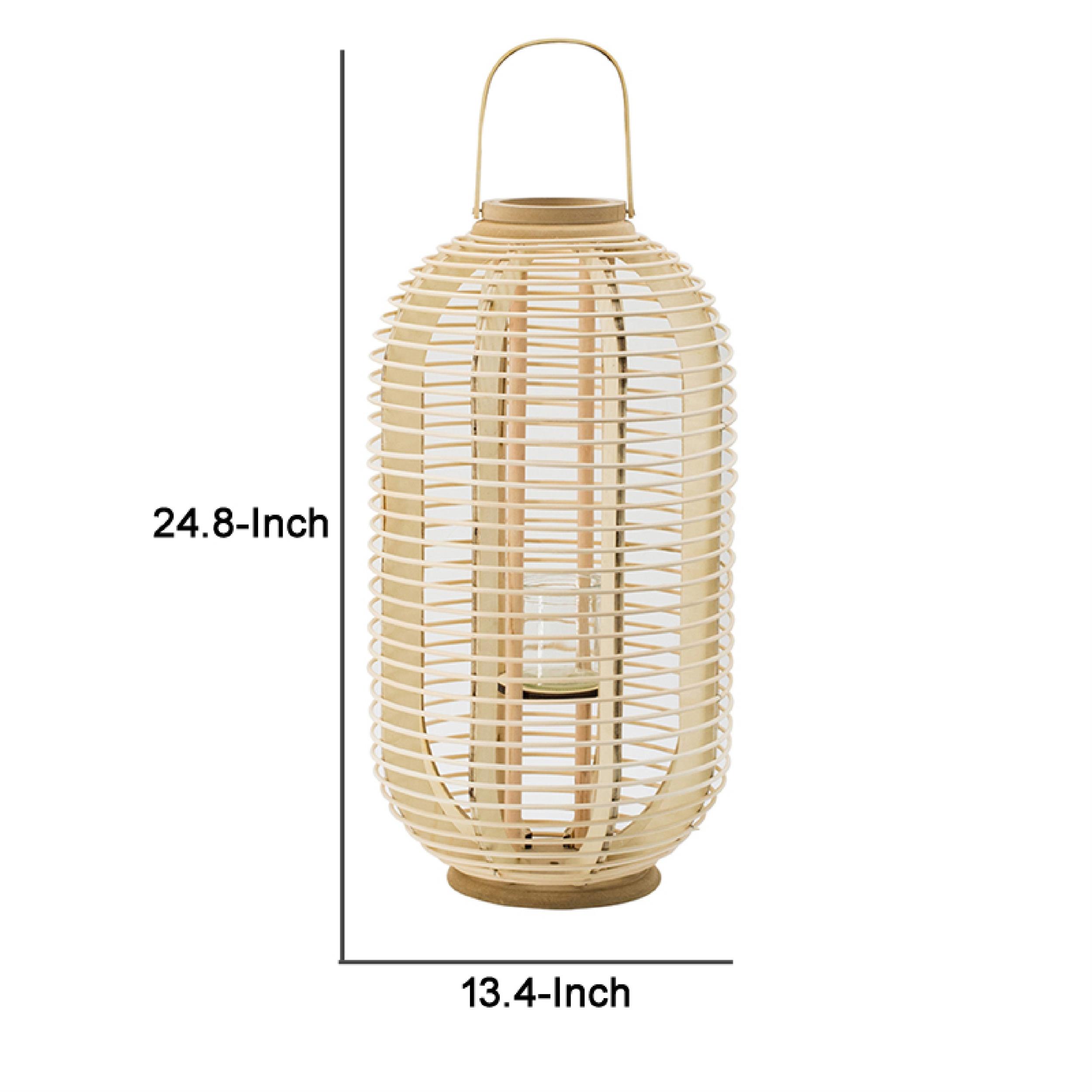 Rattan Bamboo Lantern with Glass Insert- Natural Beige Open Weave Frame ...